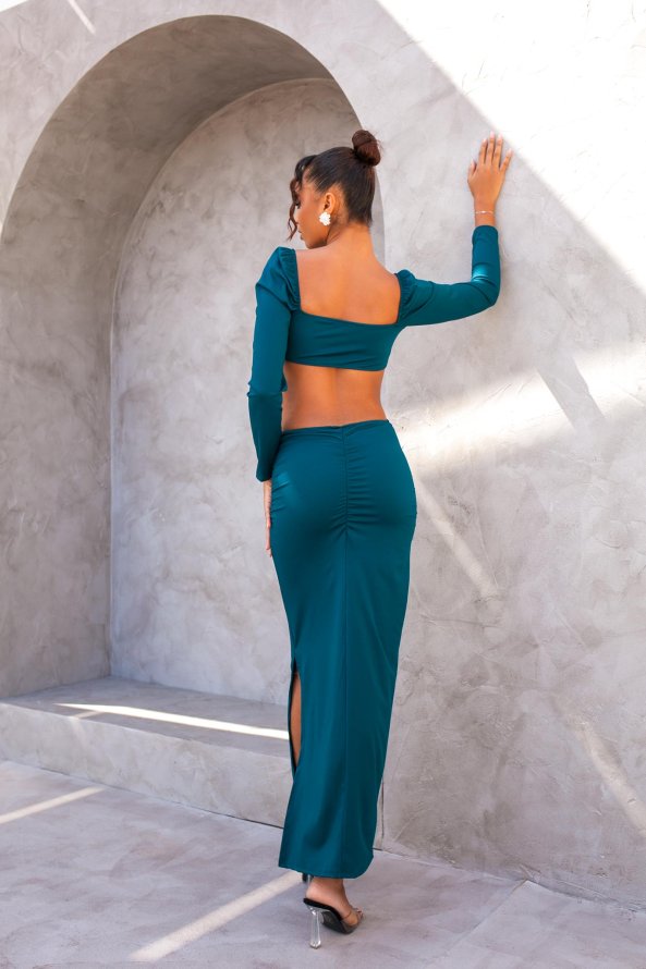 Britney μακρύ φόρεμα cut out πετρόλ - Joy Fashion House