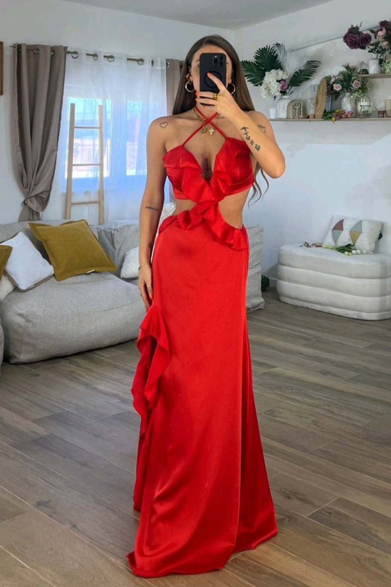 Lisa φόρεμα μακρύ cut out με όψη σατέν κόκκινο - Joy Fashion House