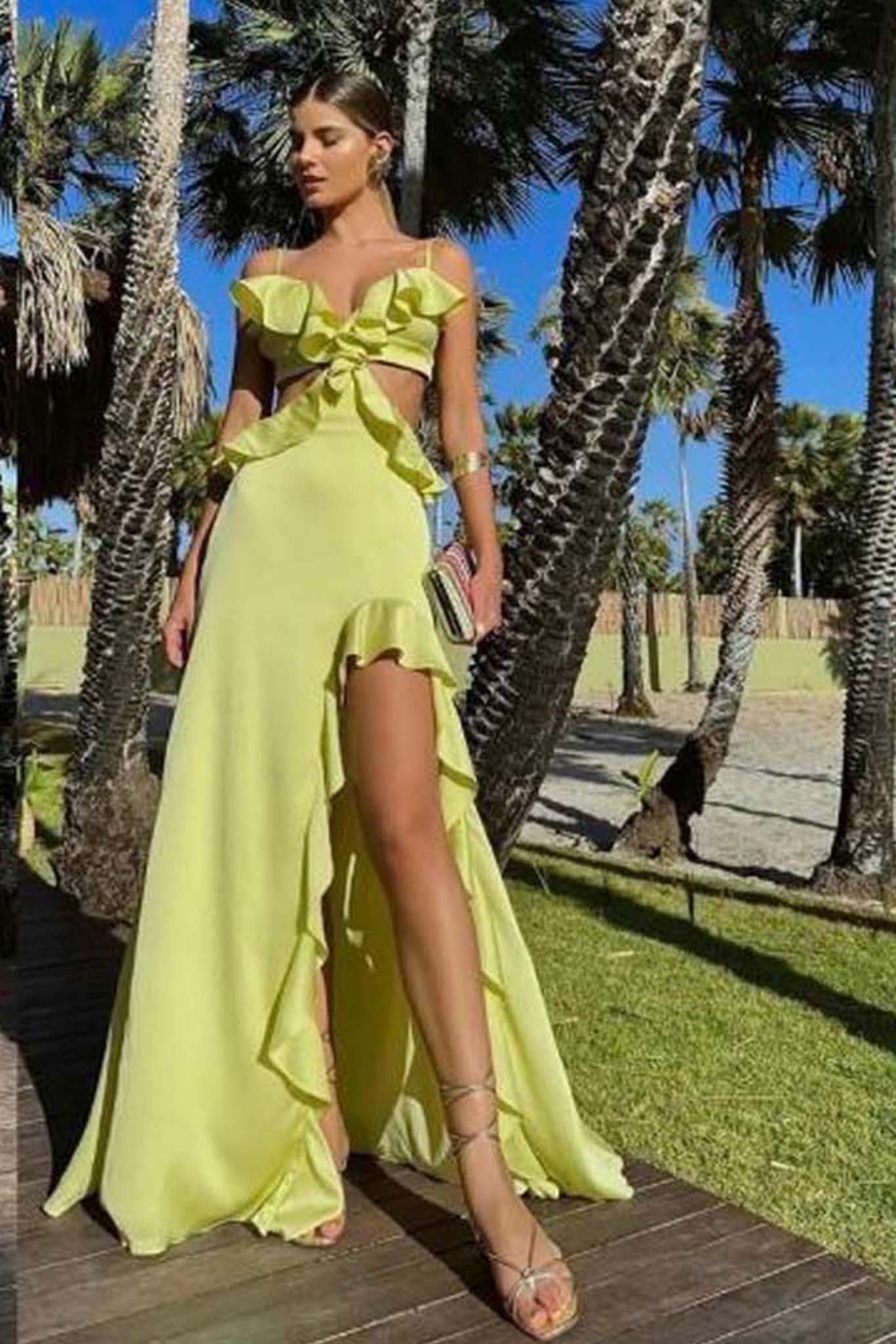 Lisa φόρεμα μακρύ cut out με όψη σατέν lime - Joy Fashion House